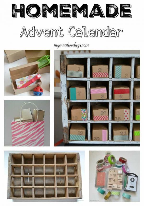 Homemade Advent Calendar made with small boxes and a bottle crate.
