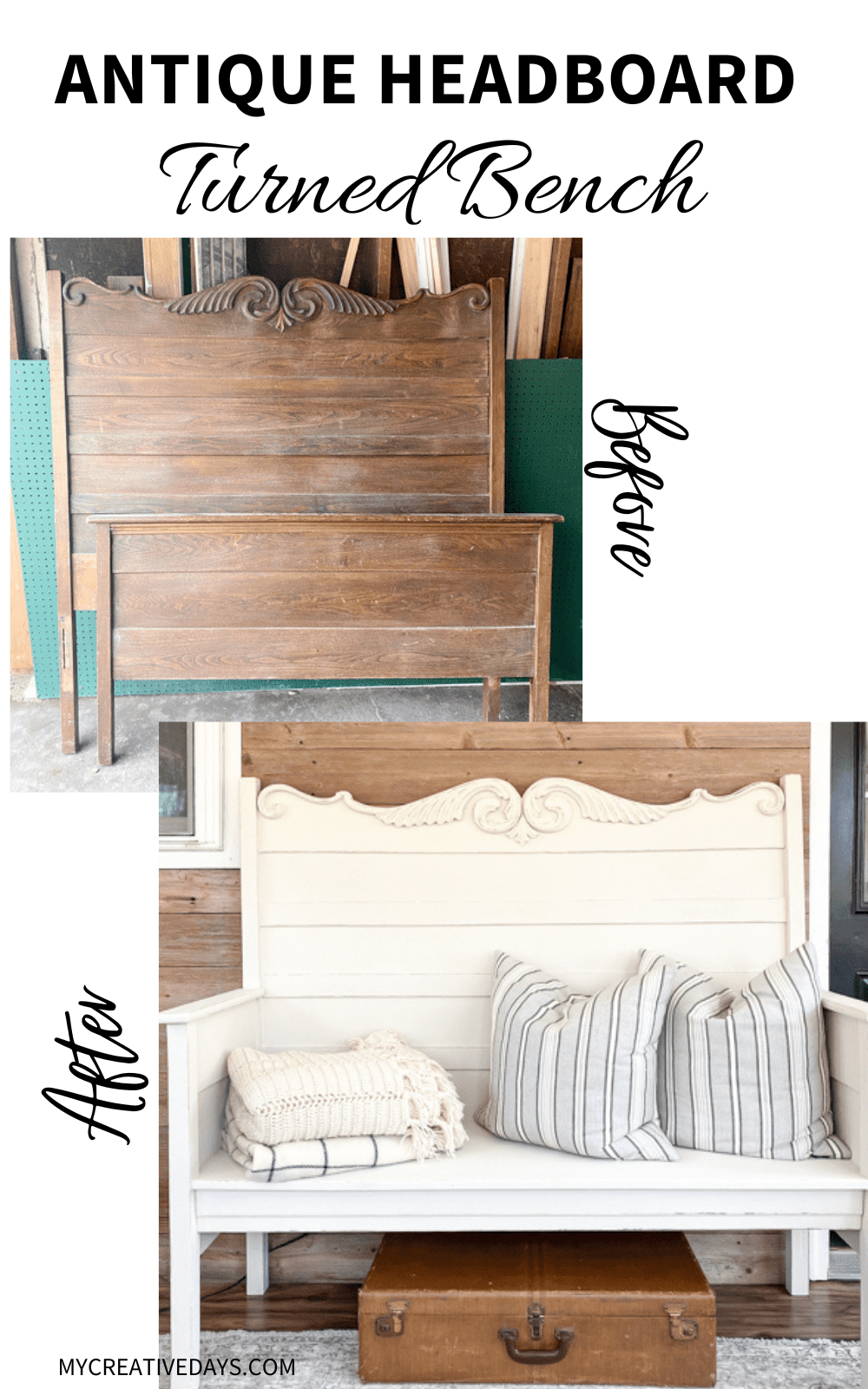 Antique Headboard Turned Bench - My Creative Days